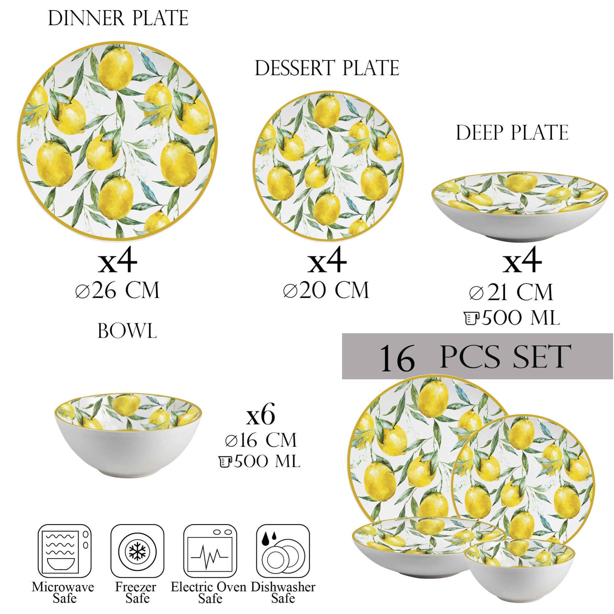 Set de farfurii, Luxury Lemon, 16 piese, 4 persoane, Italian Design ...