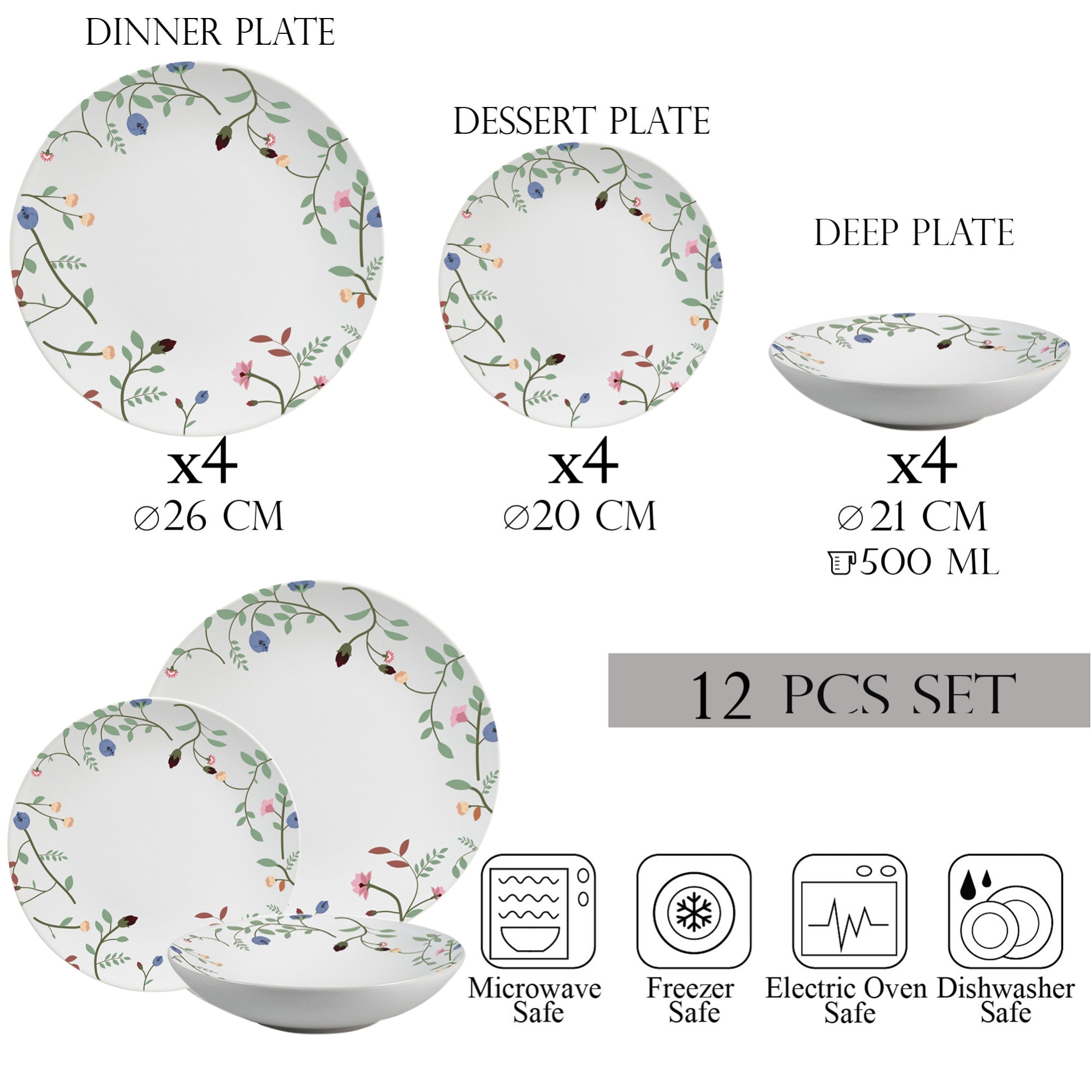 Set farfurii, Fiori Eleganti, 12 piese, 4 persoane, Cesiro, Alb cu ...