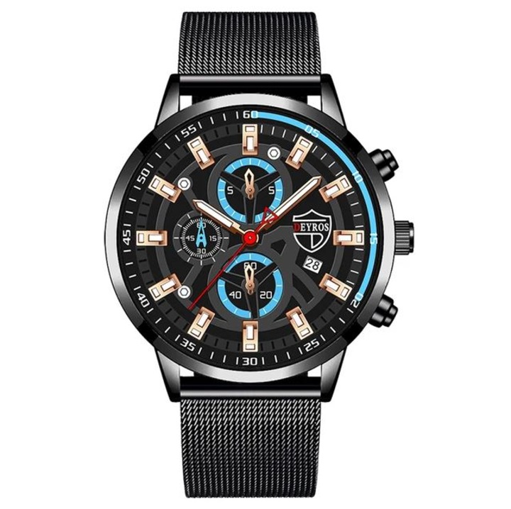 Ceas Deyros, Luxury Mesh, Curea subtire, Barbati, Cronograf, Calendar ...