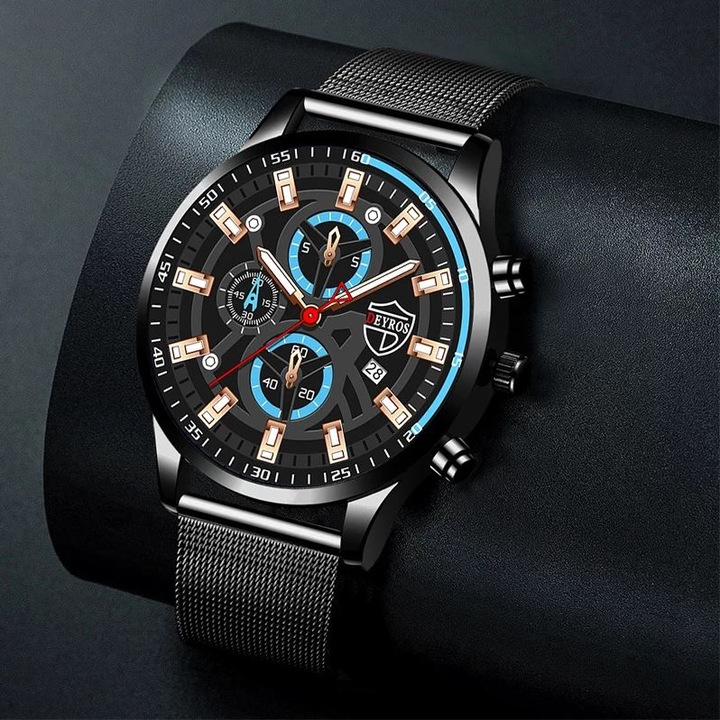 Ceas Deyros, Luxury Mesh, Curea subtire, Barbati, Cronograf, Calendar ...