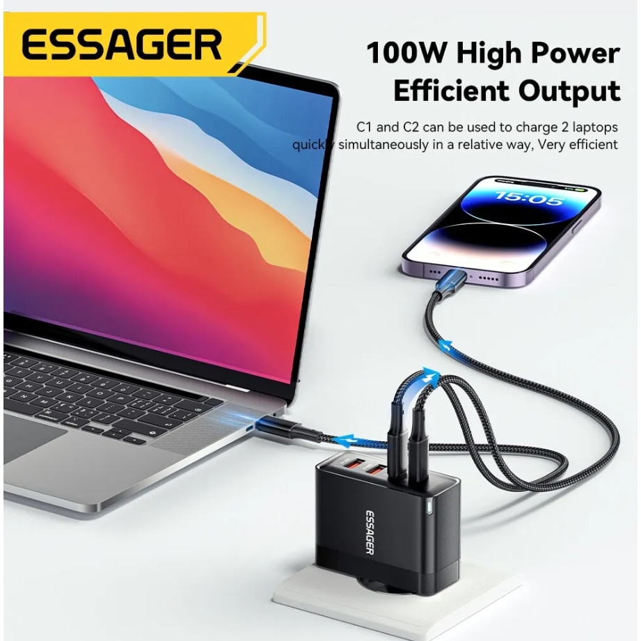 Incarcator, Essager, 100W, USB, USB-C, PD, QC, GaN, Negru - eMAG.ro