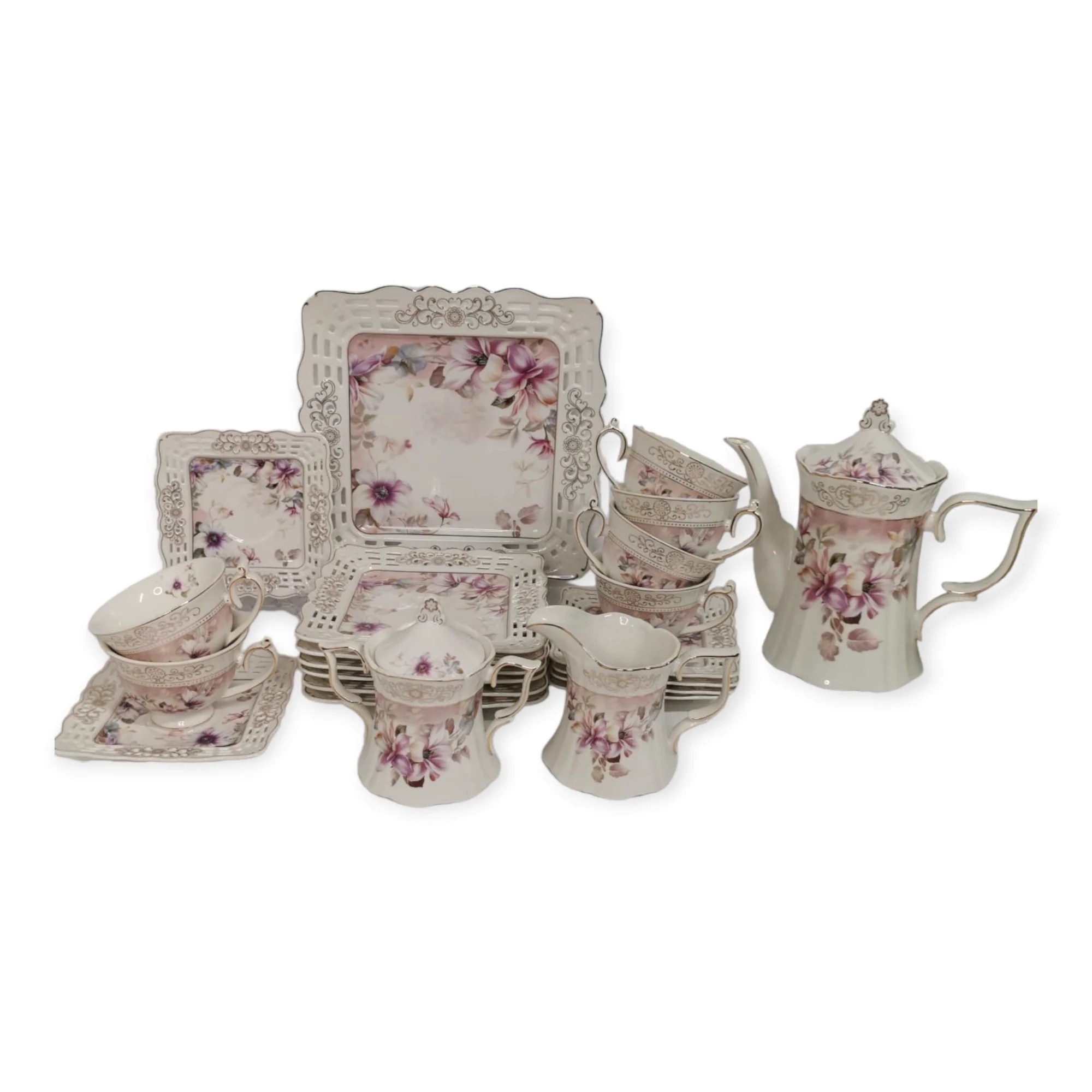 Set Desert, Malooki, 22 Piese pentru 6 Persoane - Incluzand Cesti, Ceainic, Zaharnita si Latiera ...