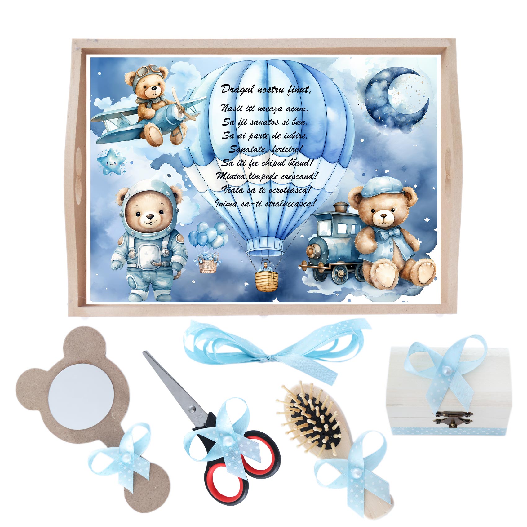 Set tava pentru taiere mot la baieti, model Ursulet, bleu, 6 piese ...