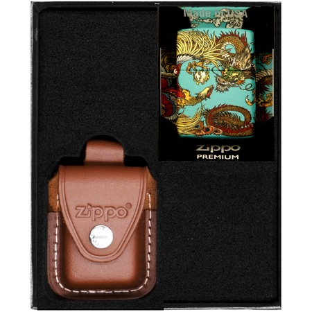 Set Bricheta Zippo, Chinese Dragon, piele naturala, maro, in cutie ...