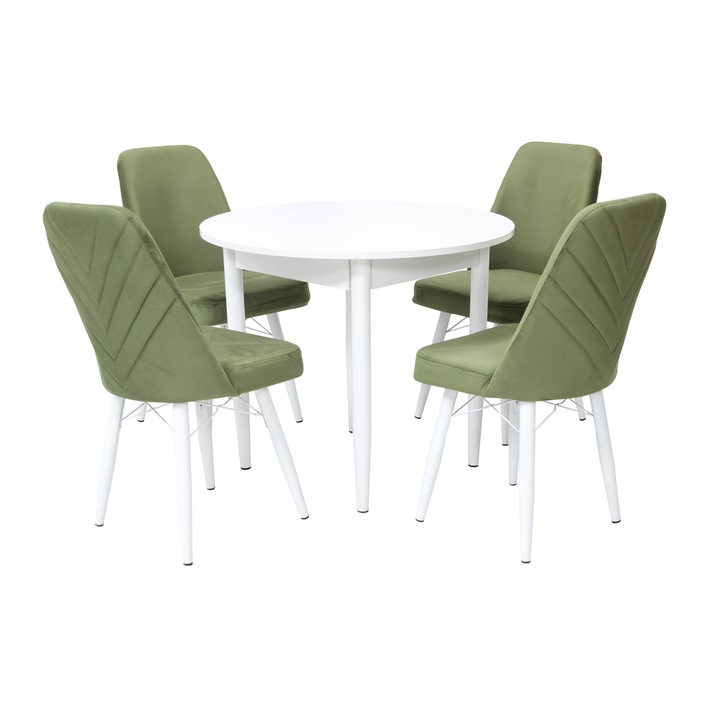 Set masa rotunda Aris Alb cu 4 Scaune Ludovic, picioare albe, cadru din ...