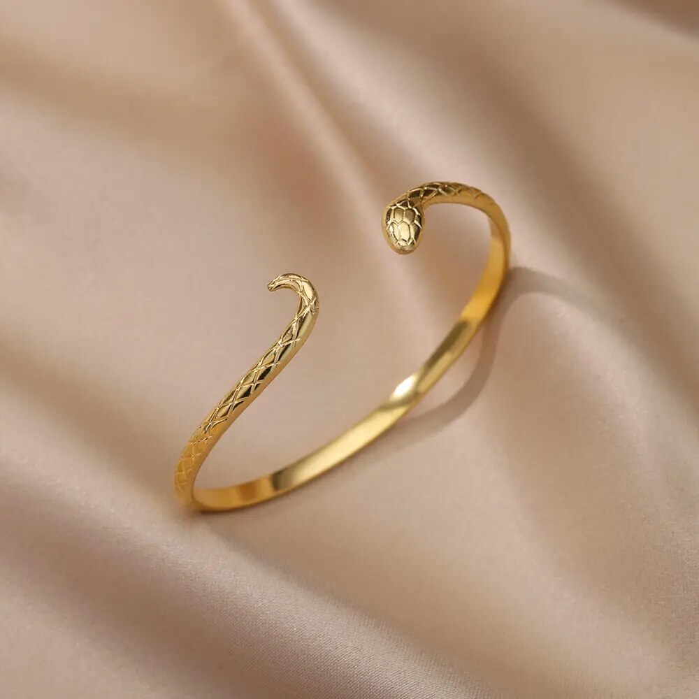 Bratara aurie, din otel inoxidabil, in forma de sarpe, reglabila, Snake ...