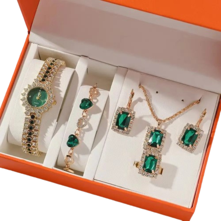 Set bijuterii dama, colier, inel, bratara, ceas si cercei asortati, 5 ...