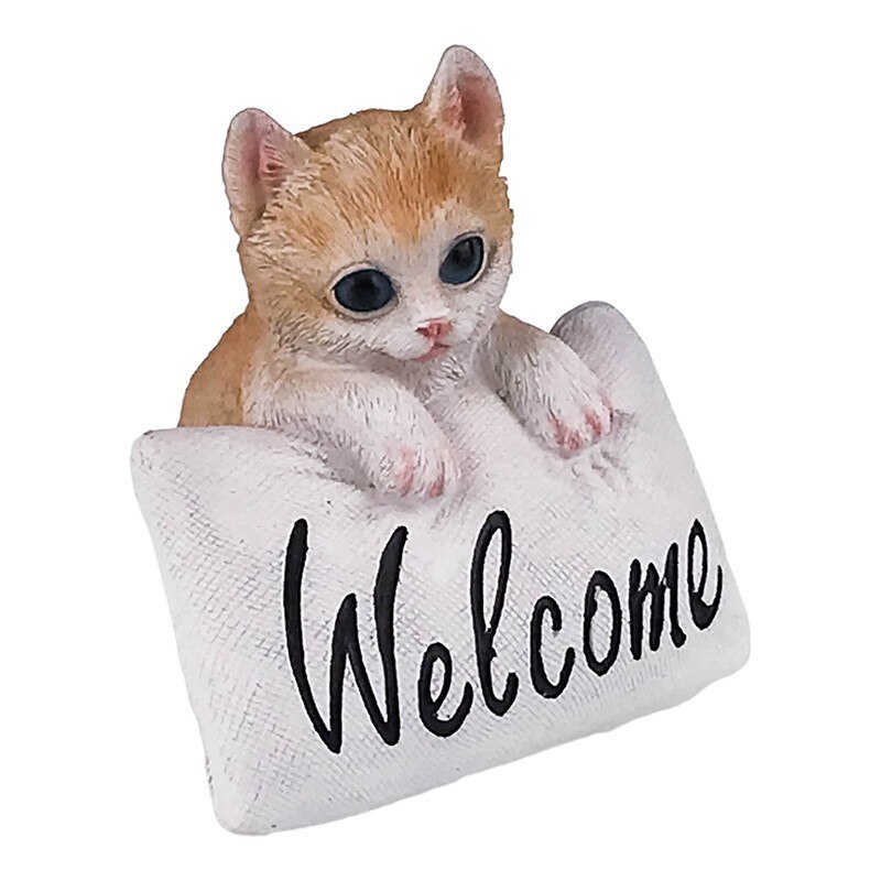 Decoratiune din rasina in forma de pisica, cu text "Welcome", 10x10 cm ...