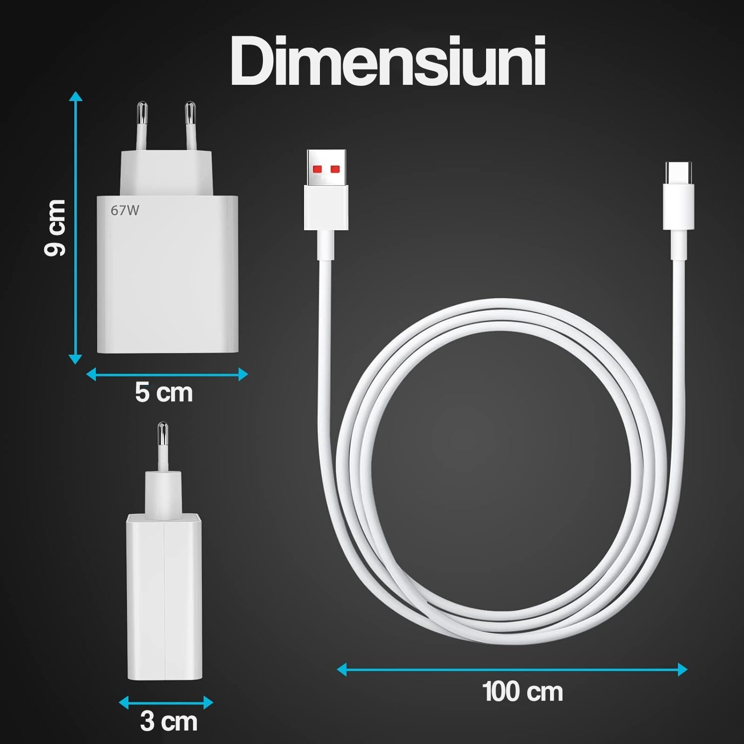 Incarcator retea Fast Charge 67W, 1 port USB 5V 9V 3A, 10V 6.7A, Cablu ...