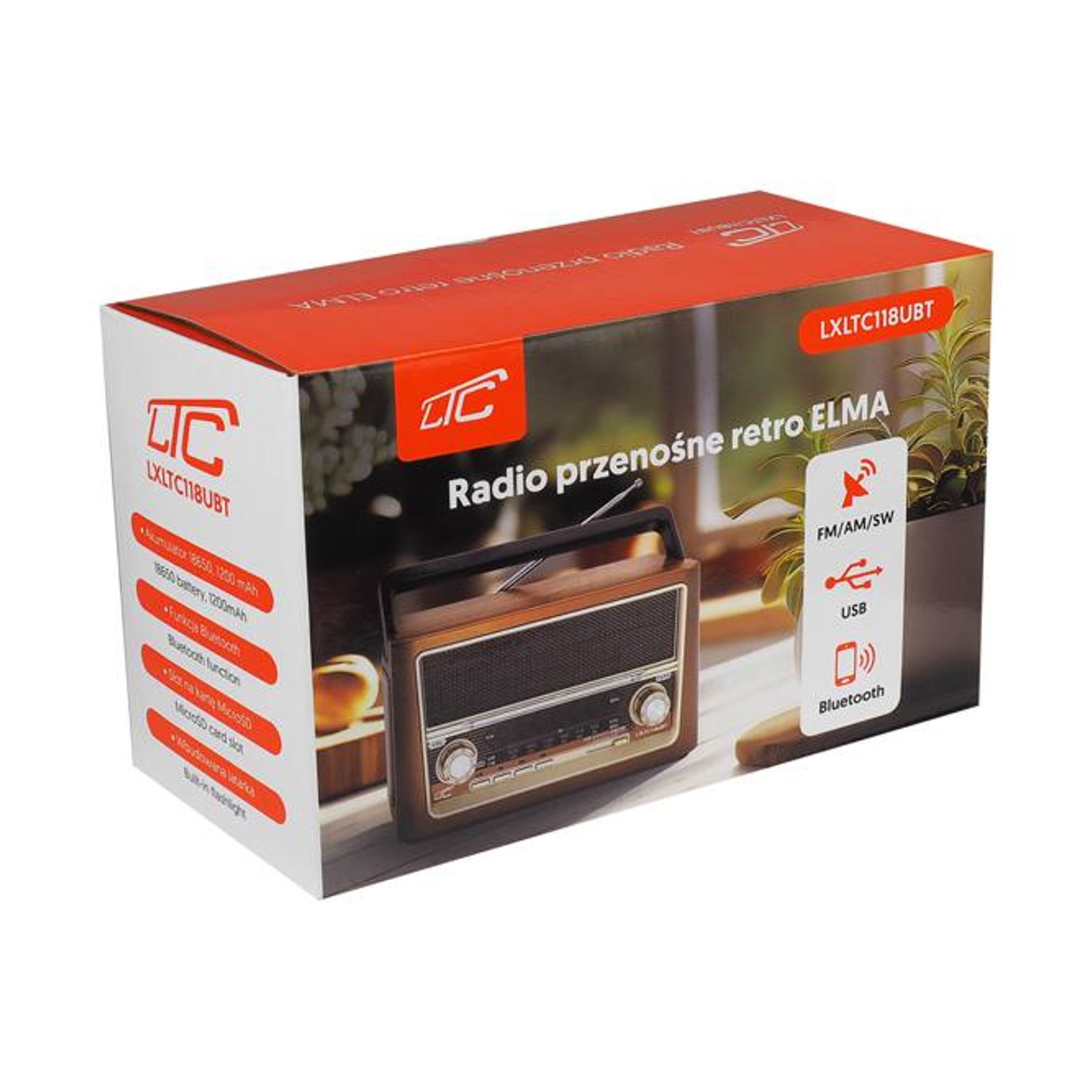 Radio portabil cu lanterna, LTC Elma retro, Bluetooth, FM/AM/SW, USB ...