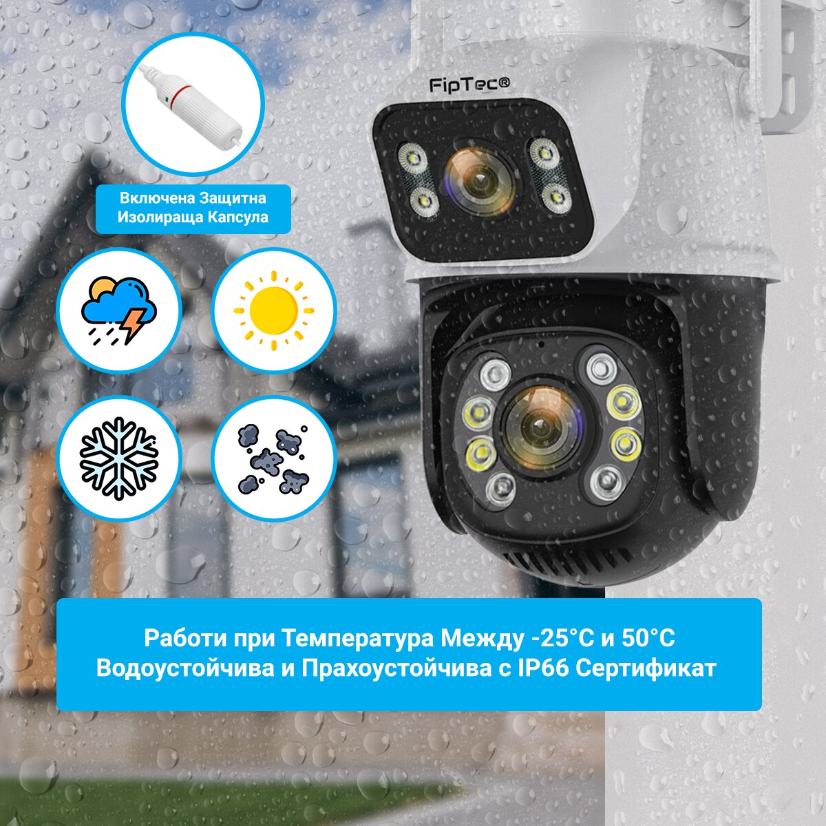 Смарт Външна Камера за Видеонаблюдение 2в1 FipTec LO16, WiFi, Full HD+ ...
