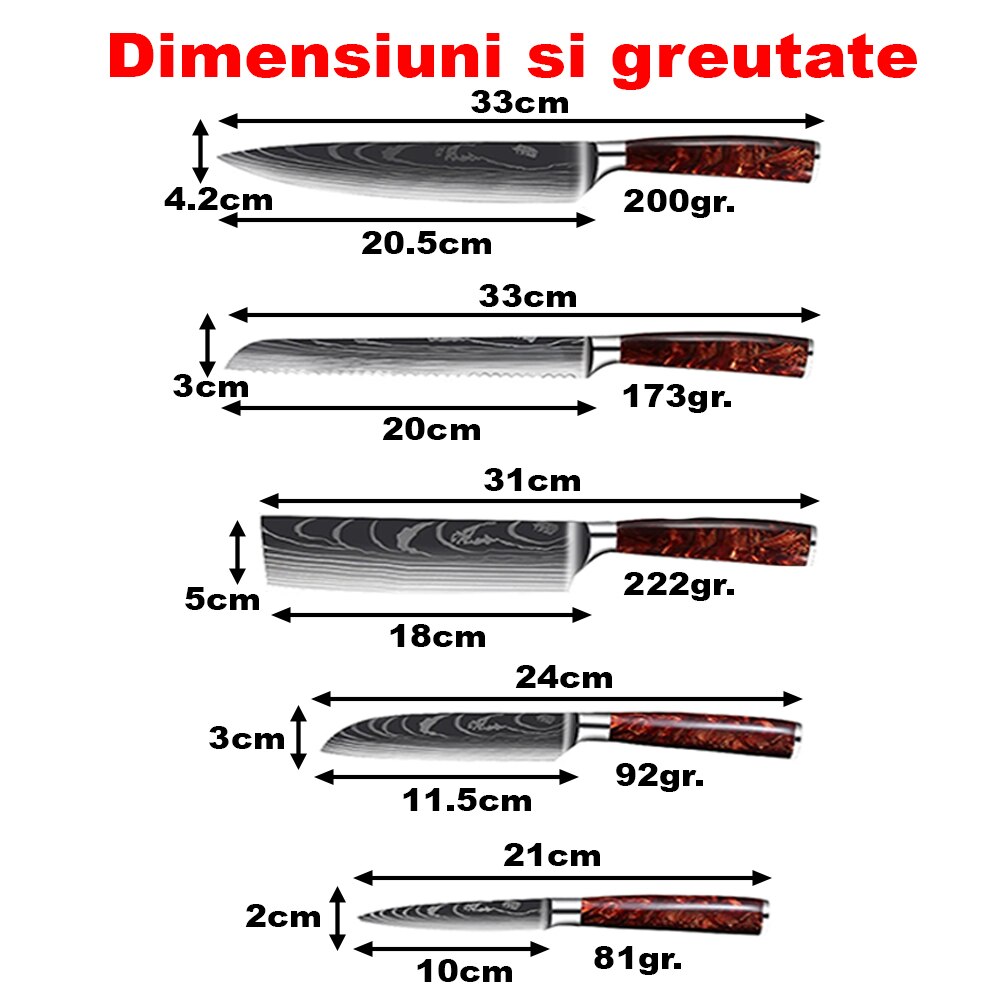 Set cutite profesionale, 5 piese, din otel carbon, cu duritate HRC 62 ...