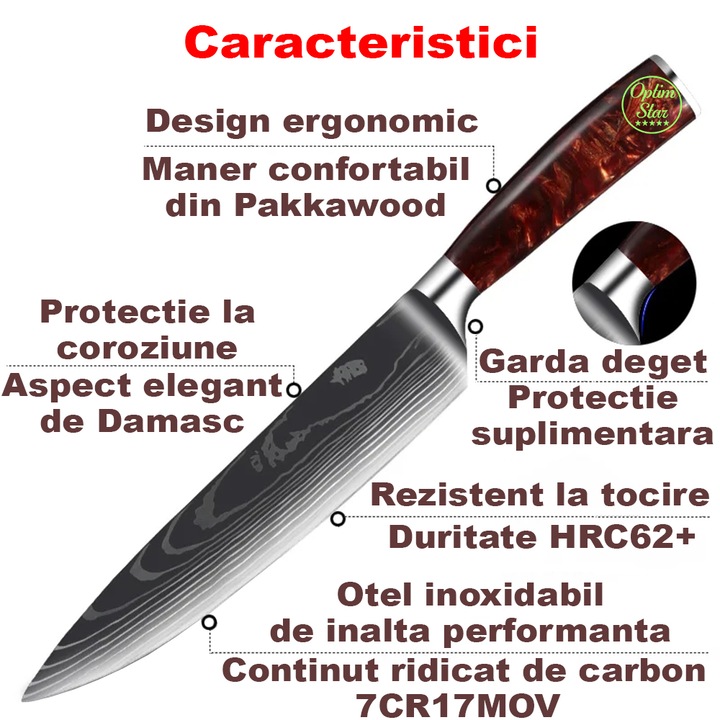 Set cutite profesionale, 5 piese, din otel carbon, cu duritate HRC 62 ...