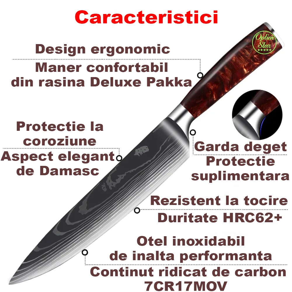 Set cutite profesionale, 10 piese, din otel carbon, cu duritate HRC 62 ...