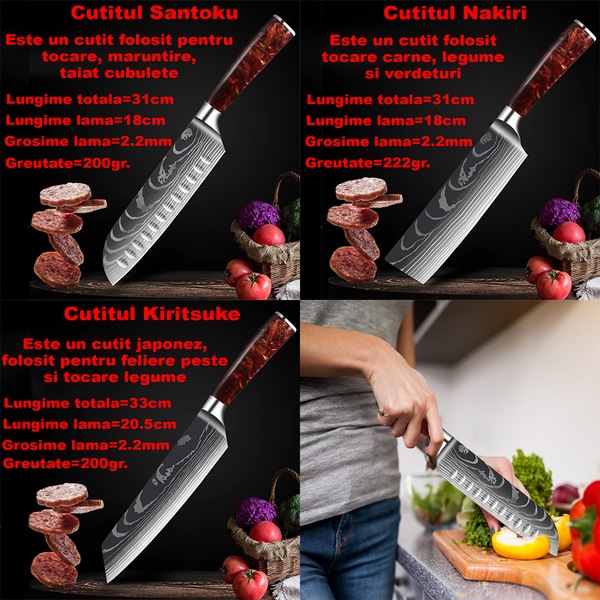 Set cutite profesionale, 10 piese, din otel carbon, cu duritate HRC 62 ...