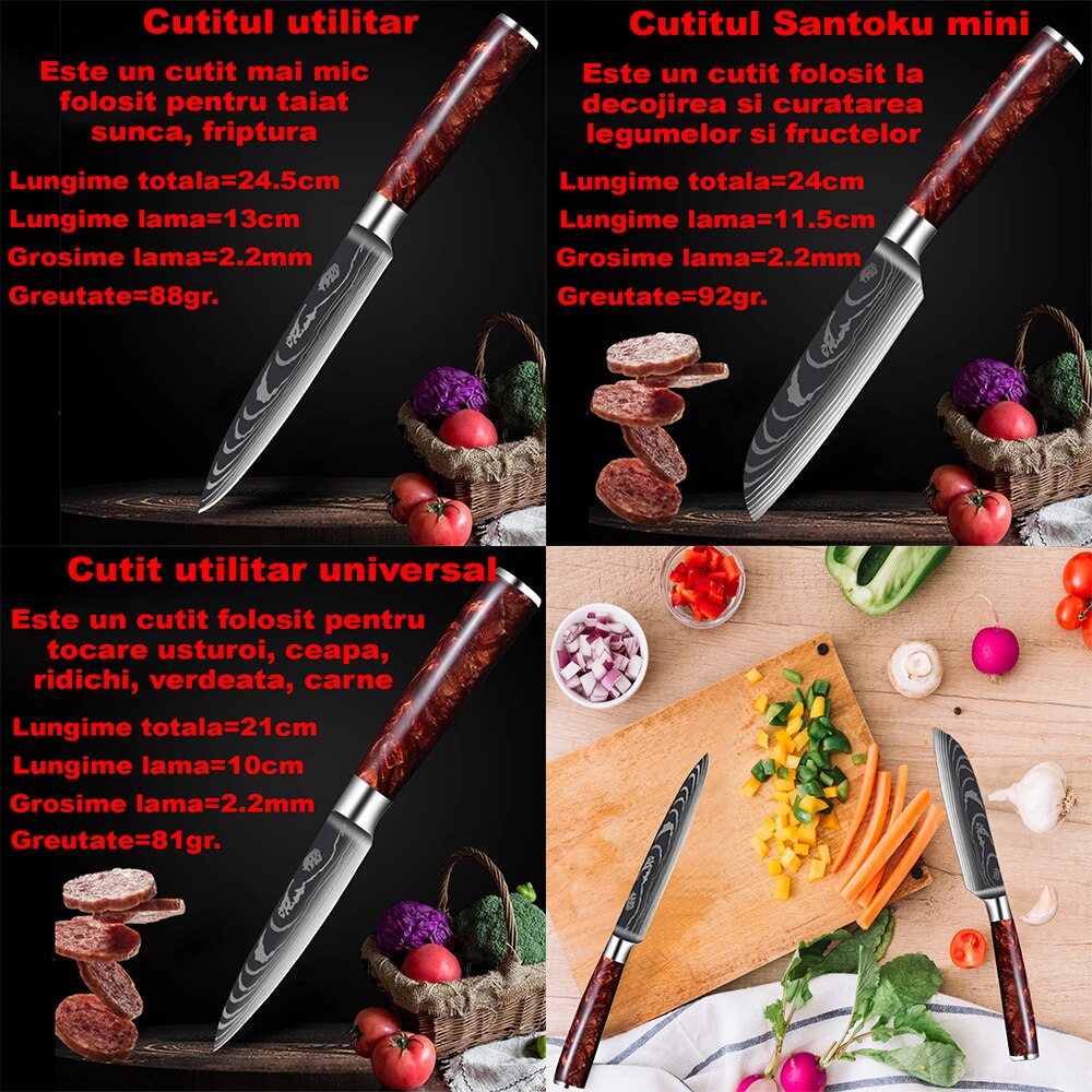 Set cutite profesionale, 10 piese, din otel carbon, cu duritate HRC 62 ...