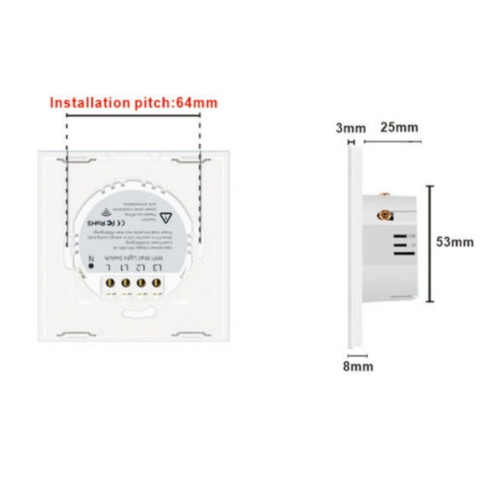 Intrerupator inteligent cu touch, Wi-Fi, fara nul/nul, 10A, 2 canale ...