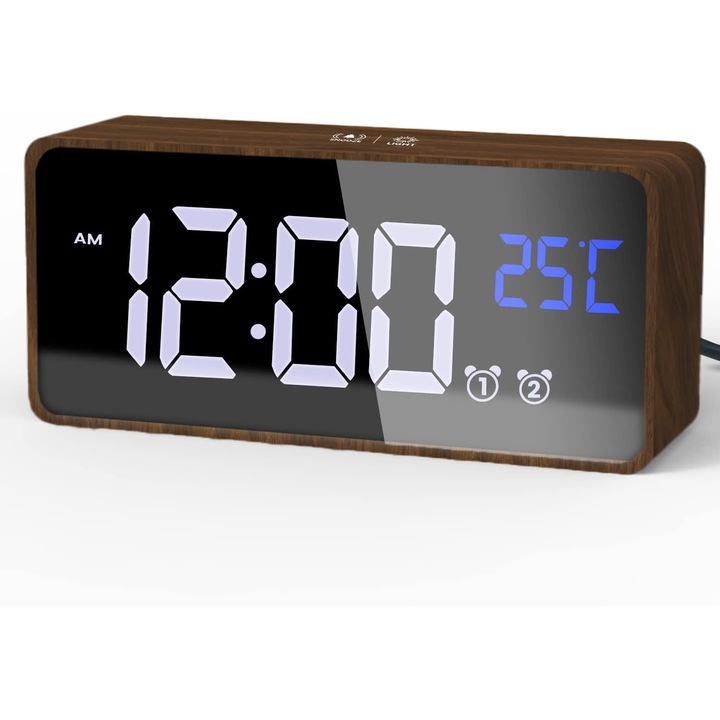 Ceas desteptator digital aboveClock, din lemn pentru noptiera cu 2 ...