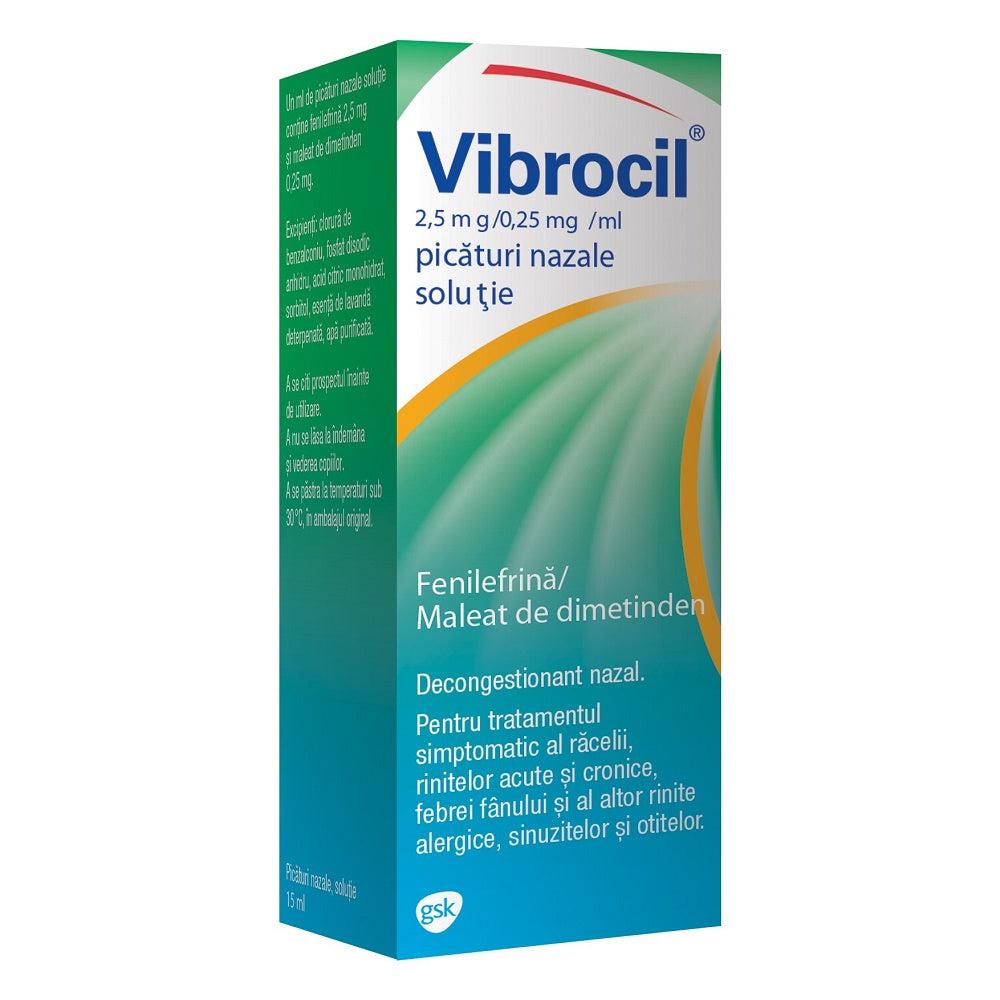 Vibrocil picaturi nazale, solutie, 2, 5 mg/0, 25 mg/ml, 15 ml, Gsk ... Vibrocil picaturi nazale, solutie, 2, 5 mg/0, 25 mg/ml, 15 ml, Gsk ...