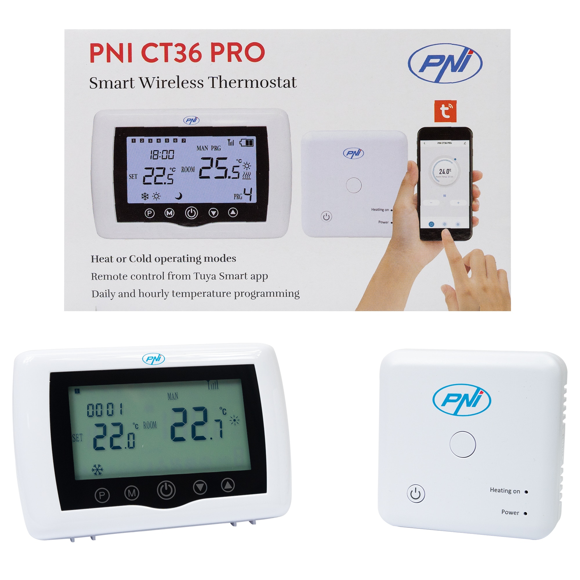 Termostat inteligent PNI CT36 PRO fara fir, WiFi 2.4GHz, control prin Internet APP TuyaSmart ...