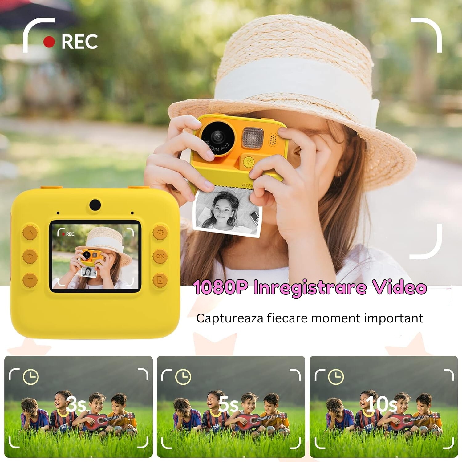Aparat Foto/Video pentru Copii cu Imprimare Instant, Camera Selfie ...