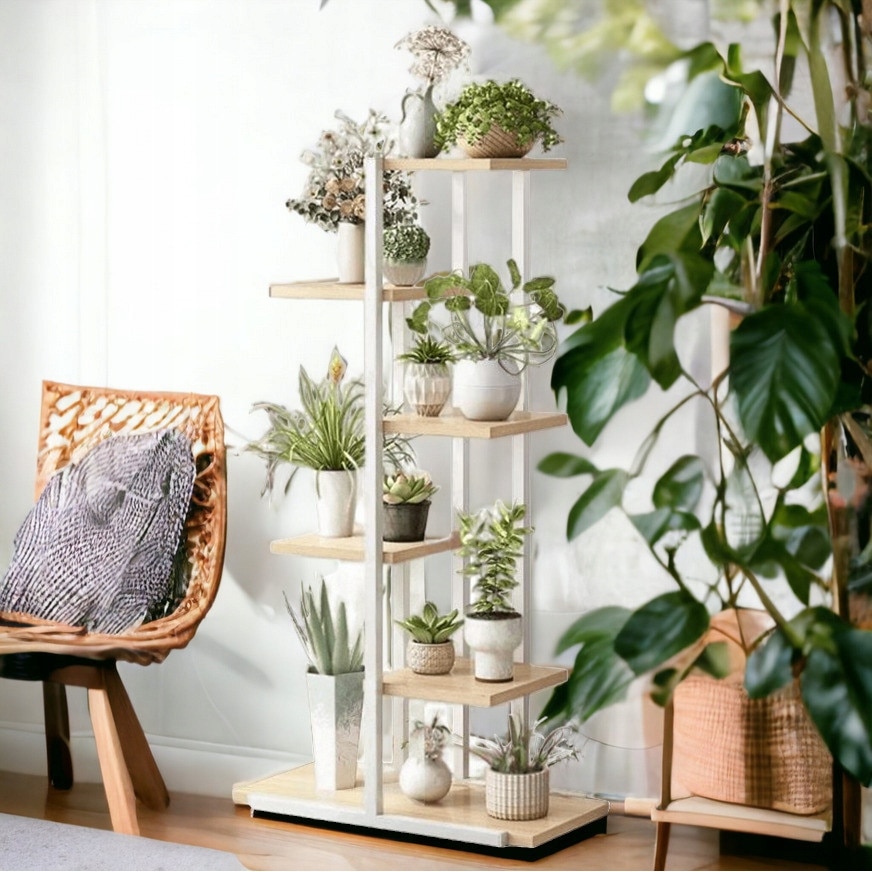 Stand vertical de flori, metalic, alb, 6 etajere lemn, pentru interior ...