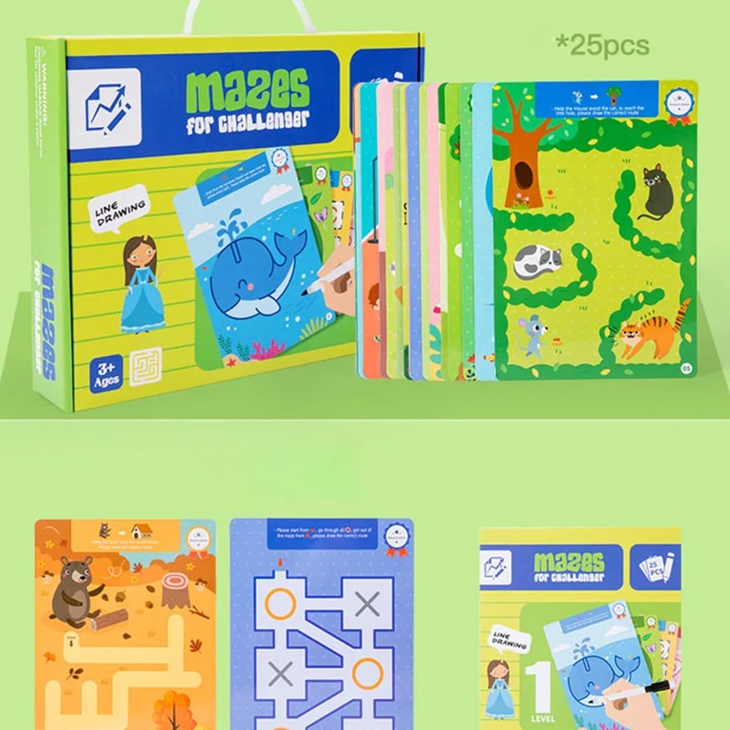 Joc Labirinturi cu 25 de Planse Reutilizabile, educative, Nivel 1, 3 ...