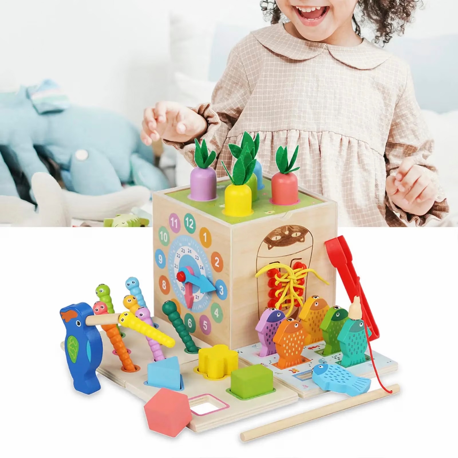 Ursulet Cub Educativ Din Lemn Centru Activitati Montessori (6-in-1 ...