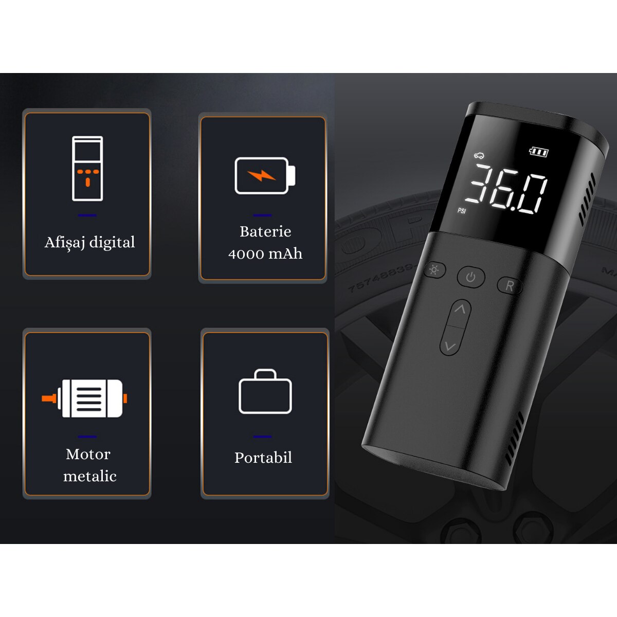 Compresor auto portabil, 150 PSI, Wireless, lanterna LED, acumulator ...