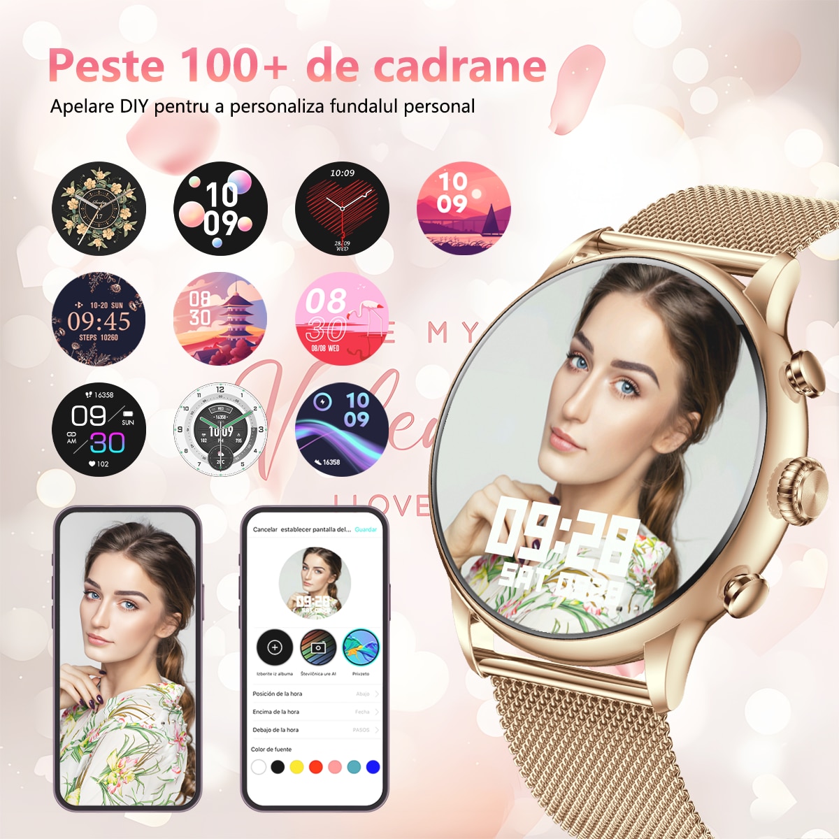 Smartwatch, 1.43 Inch, Rezistent la apa, 2 Curele, Auriu/Roz - eMAG.ro