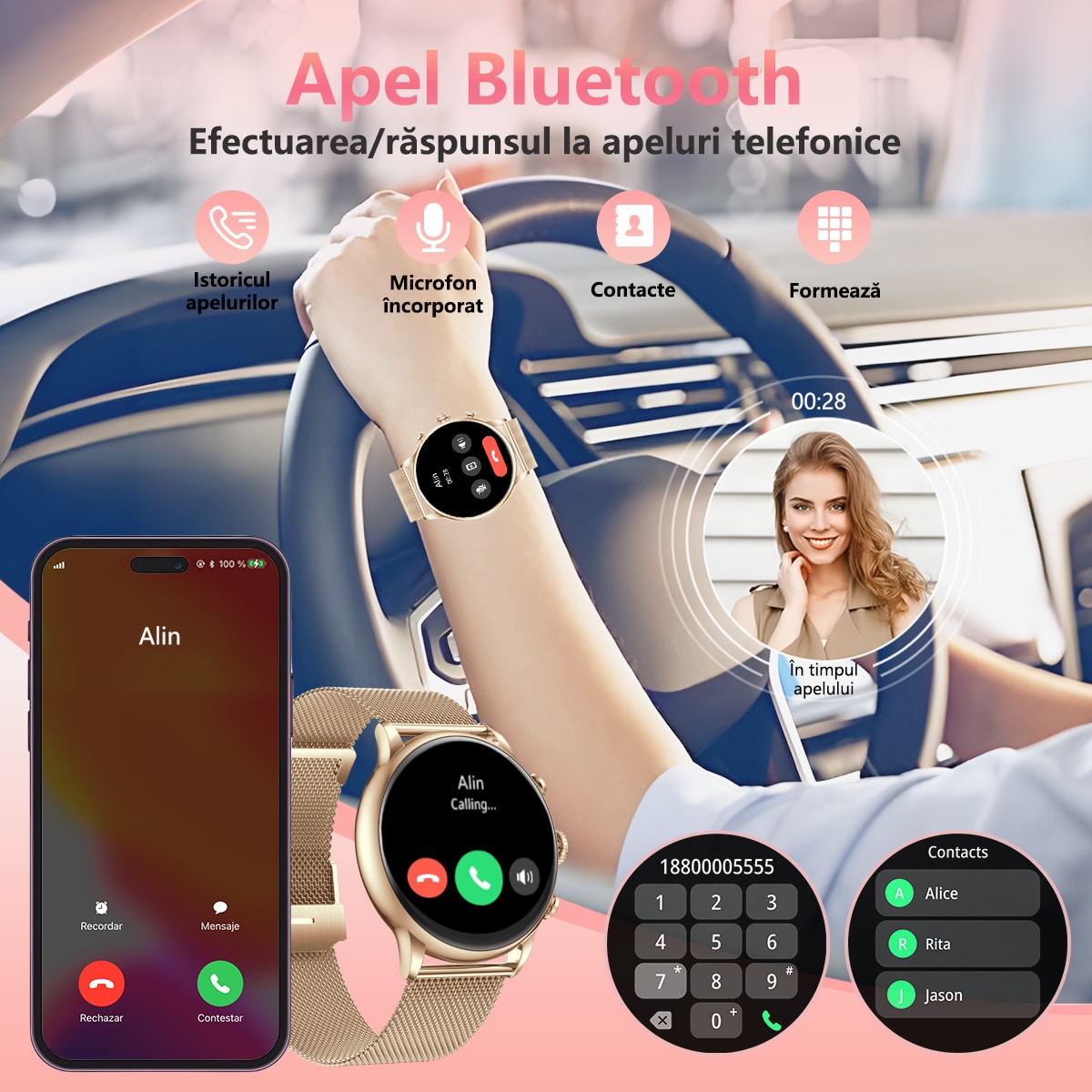 Smartwatch, 1.43 Inch, Rezistent la apa, 2 Curele, Auriu/Roz - eMAG.ro