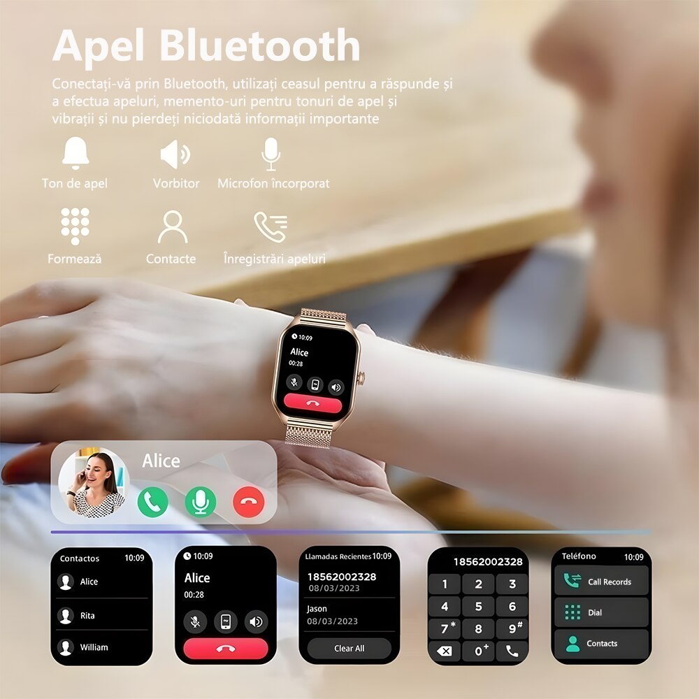 Smartwatch dama H40, 1.85Inch, Inox/Silicon, 2 Curele, Auriu/Roz - eMAG.ro