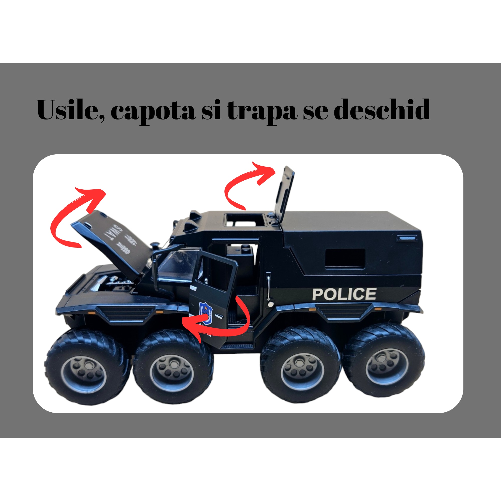 Camion din metal Swat Politie, 3 sunete realistice, Farurile ...