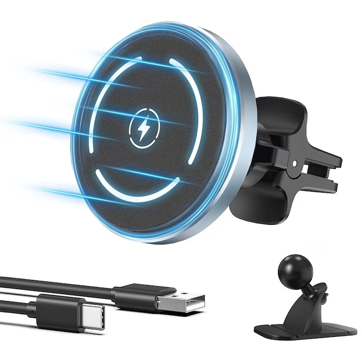 Incarcator auto wireless magnetic MagSafe, 15W Qi Fast Charging, Rotire ...