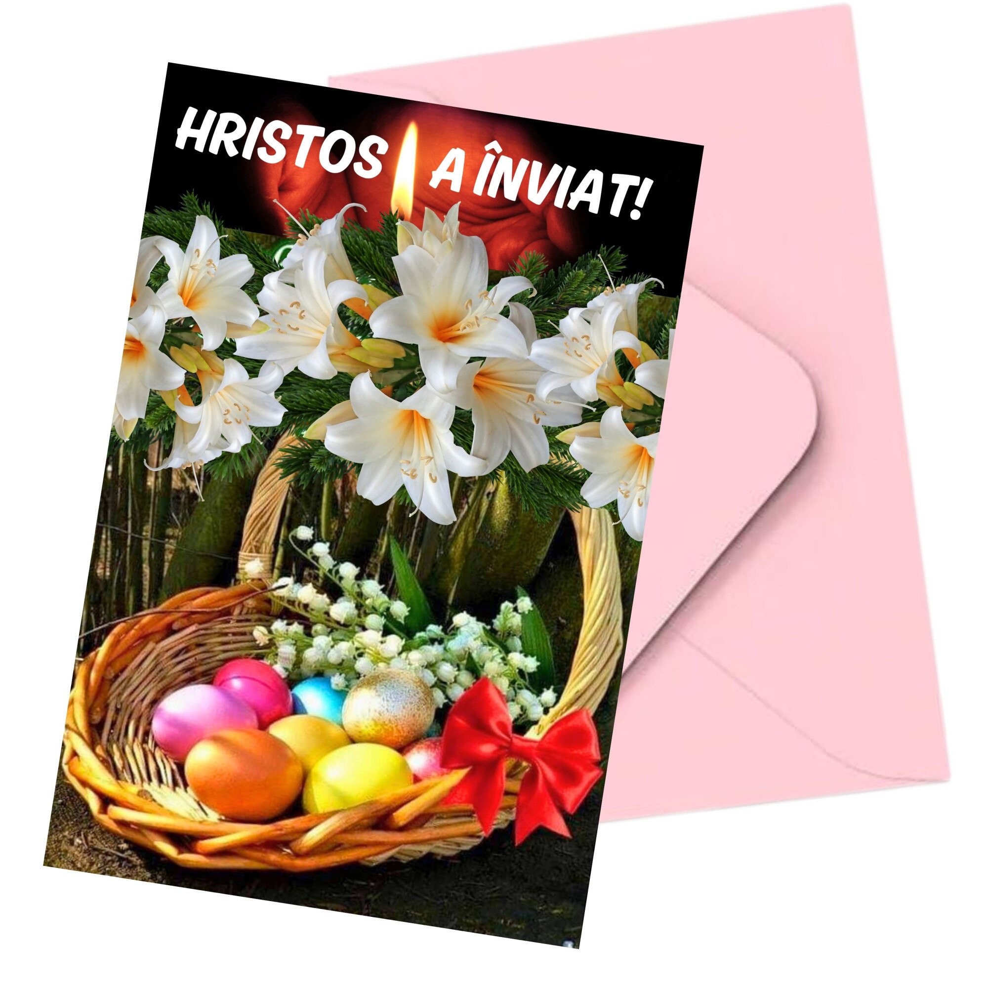 Felicitare magnetica, tema Paste, cu imagine crini, 10x15 cm, plic ...