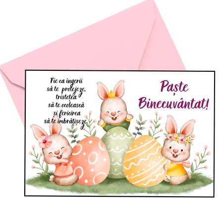 Felicitare magnetica, tema Paste, imagine iepurasi si oua incondeiate ...