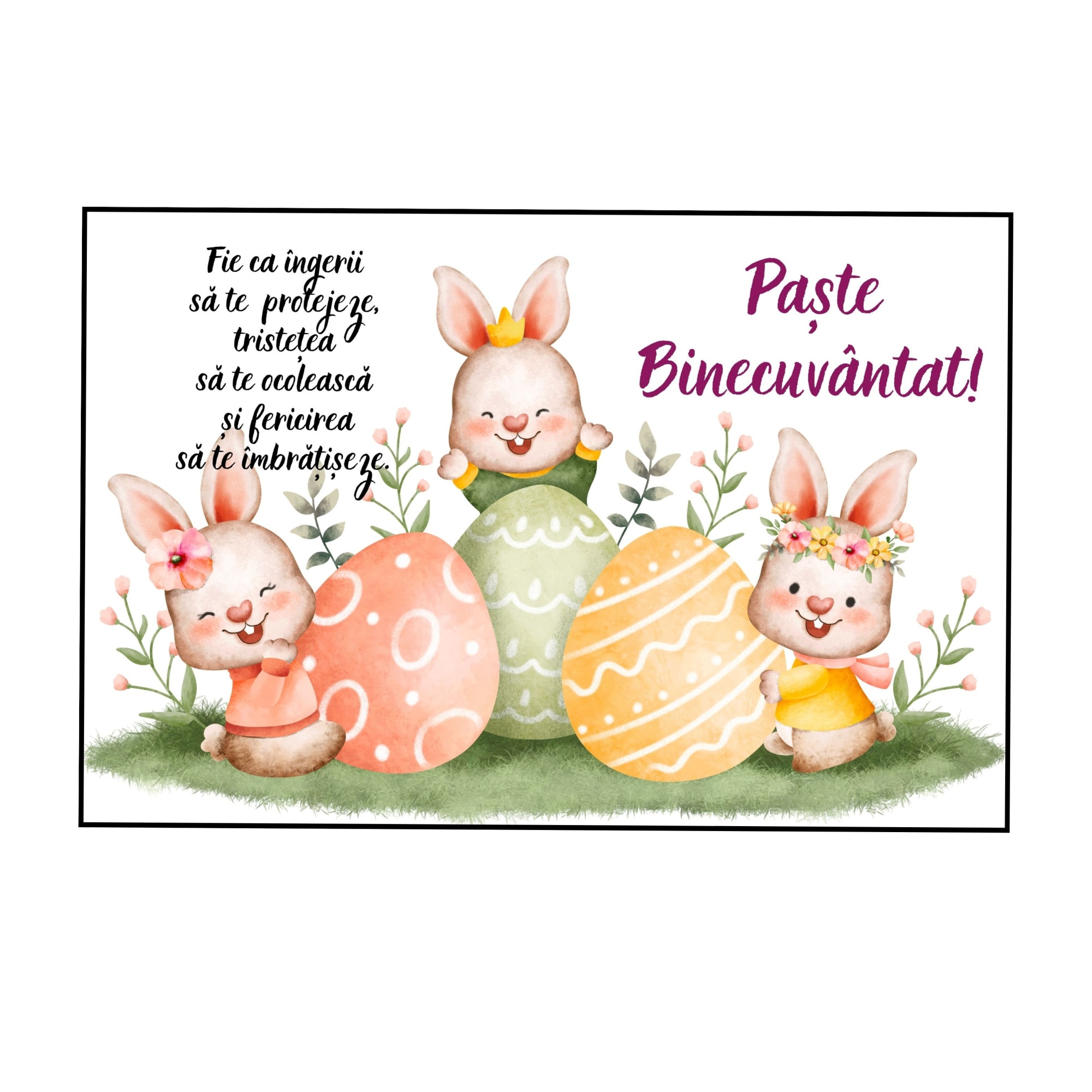 Minifelicitare magnetica, tema Paste, imagine iepurasi si oua ...