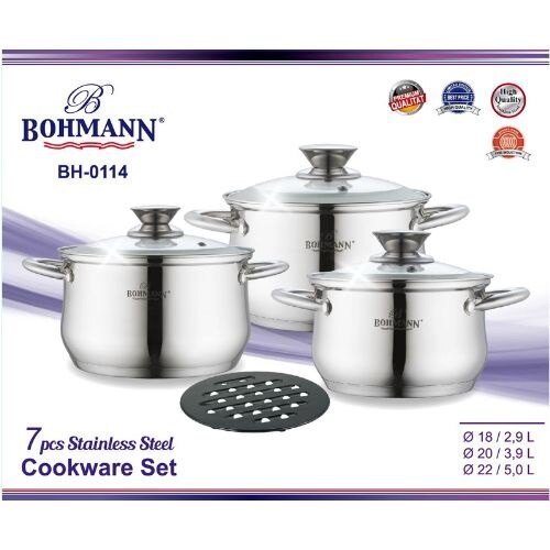 Комплект съдове за готвене Bohmann, от неръждаема стомана. 7 части, 5.0 ...