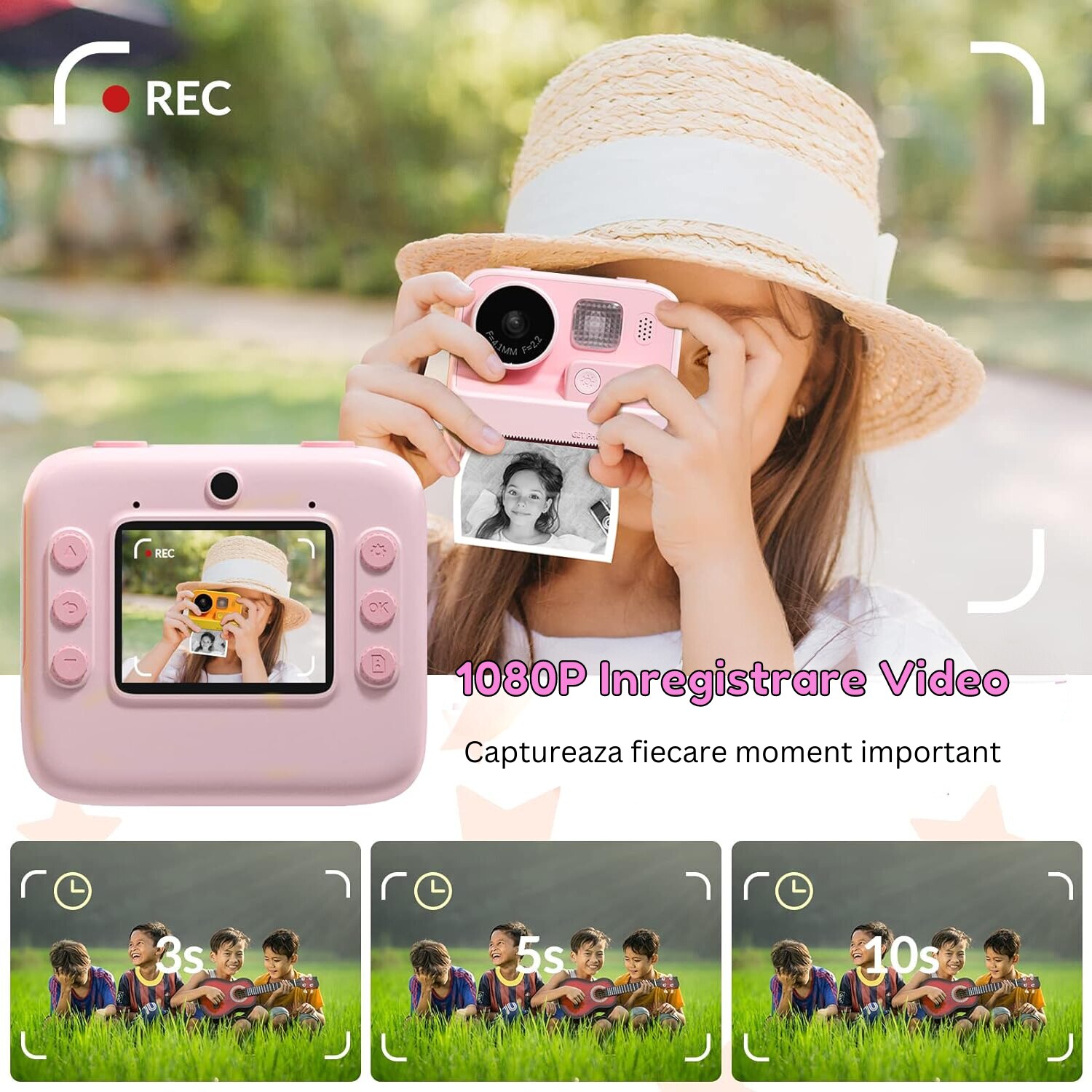 Aparat Foto/Video pentru Copii cu Imprimare Instant, Camera Selfie ...