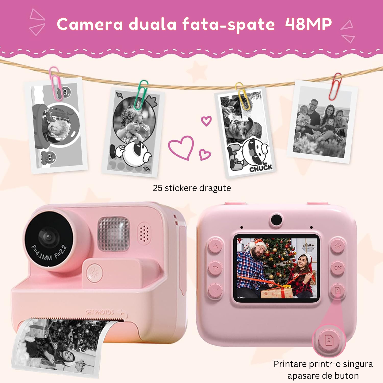 Aparat Foto/Video pentru Copii cu Imprimare Instant, Camera Selfie ...
