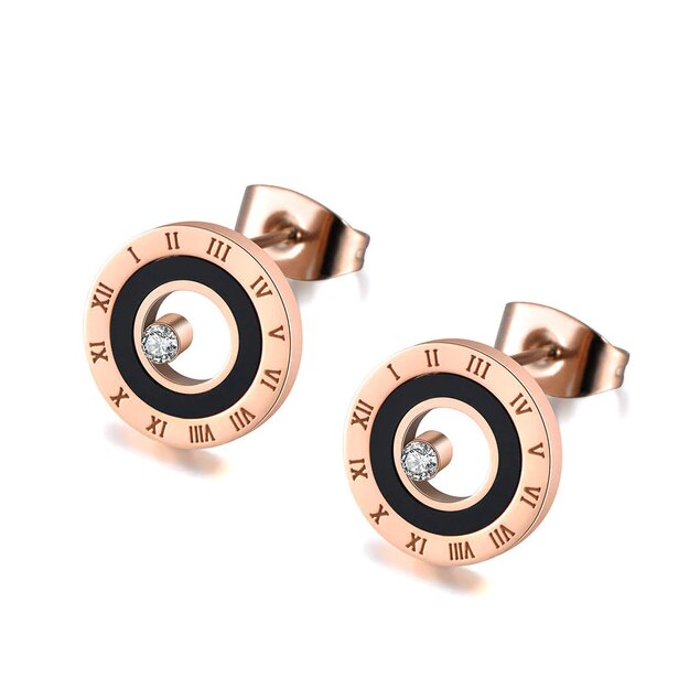 Cercei simpli cu Cifre Romane, Piatra Zirconiu, Rose-Gold/Negru - eMAG.ro