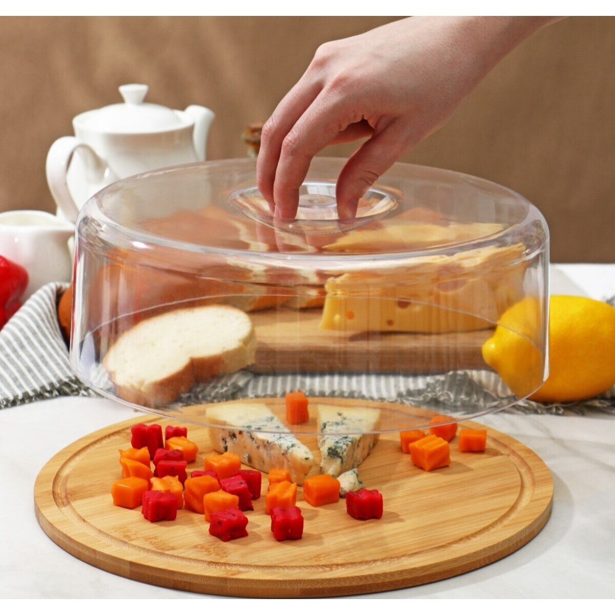 Platou Rotund din Bambus cu Capac pentru Tort, Prajituri, diametru 28cm ...