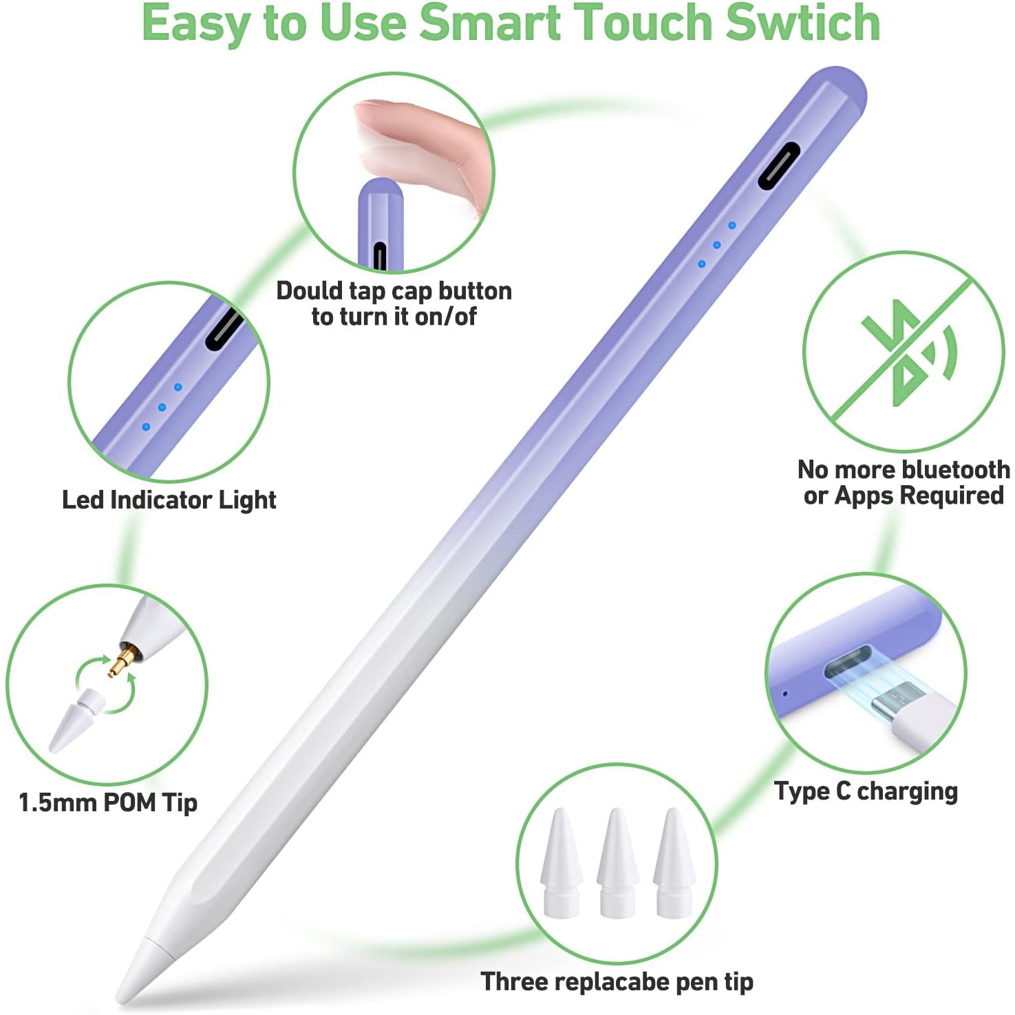 Стилус iPad Touch Pen +QUAL™, съвместим с модели на Apple 2018-2023 г ...