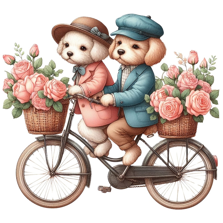 Sticker Cu 2 Catei Care Se Plimba Cu Bicicleta Ilustratie Cosulete Cu Trandafiri Palarii La