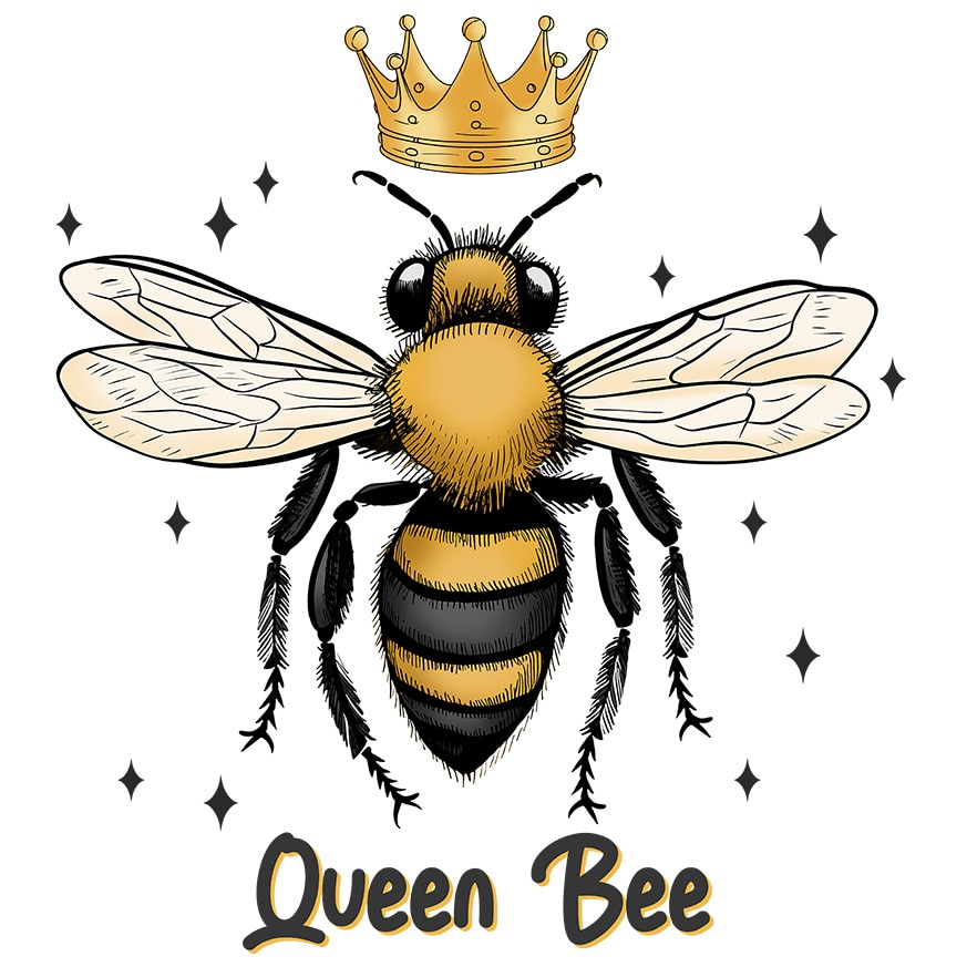 Sticker cu albina cu coroana si cu stelute in jur cu mesajul "Queen Bee ...