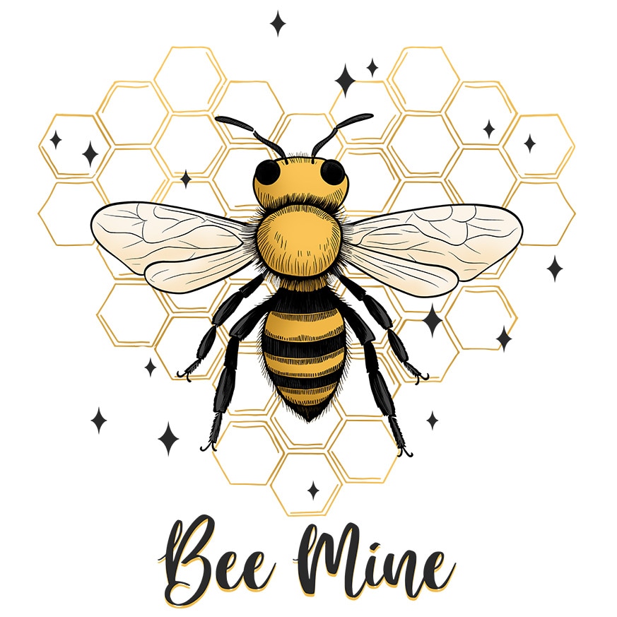 Sticker cu albina cu mesajul "Bee Mine", al meu, a mea, stelute, fagure ...