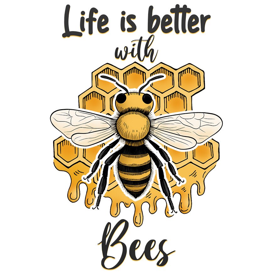 Sticker cu albina cu mesajul "Life is better with bees", viata e mai ...