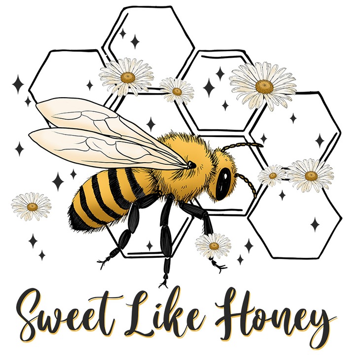 Sticker cu albina si cu floricele albe cu mesajul "Sweet like honey ...
