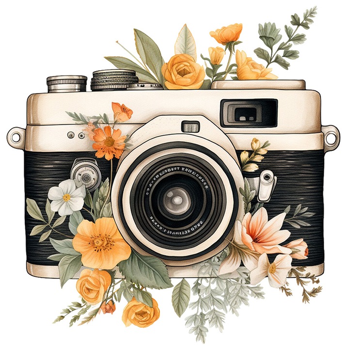 Sticker cu aparat de fotografiat, flori galbene, ilustratie, activitate ...