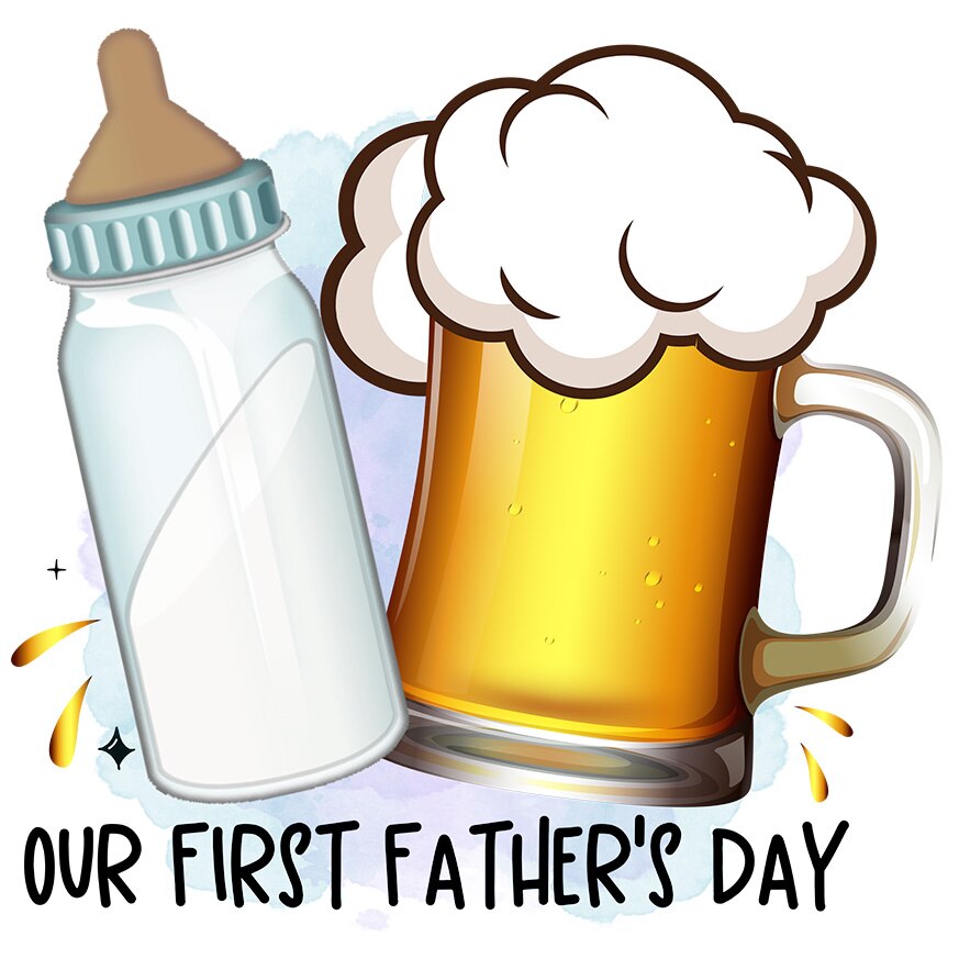 Sticker cu biberon si halba cu bere cu mesajul "Our first father's day ...